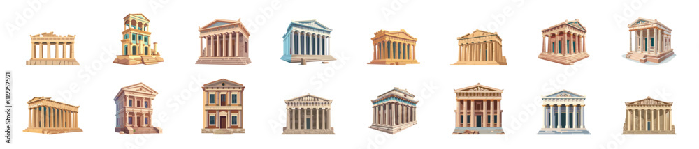 Cartoon architecture greek building icon set. Architecture greek ...