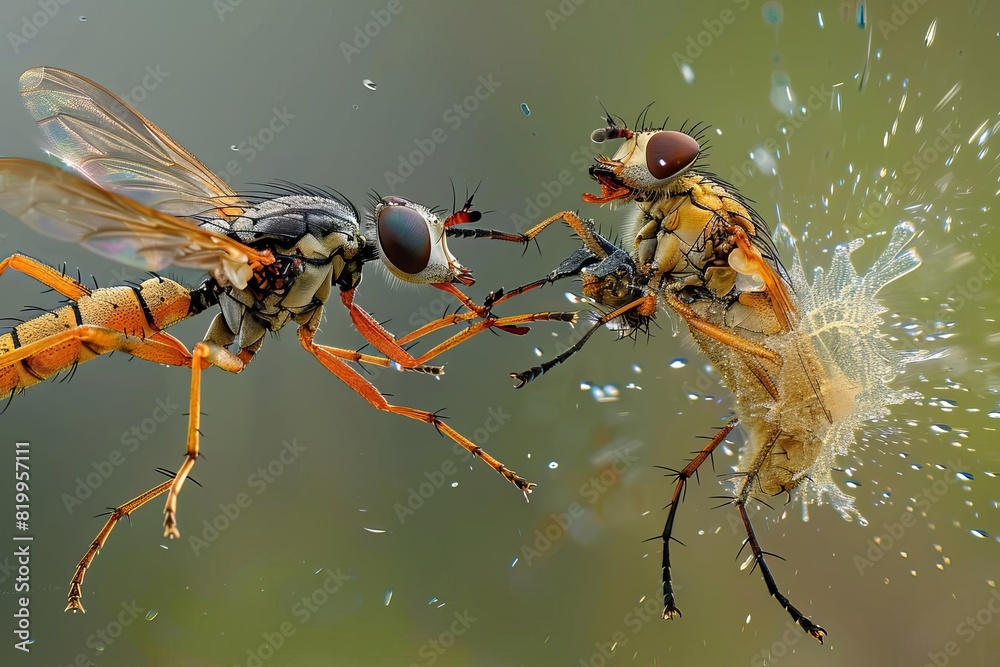 Amazing close-up photograph of two flies fighting in mid-air. The flies ...