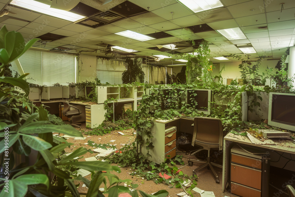 Overgrown Office. Generated Image. A digital rendering of a ruined ...