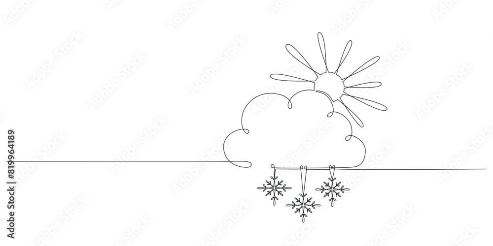 Sun and cloud with snow - hand drawing one single continuous line ...
