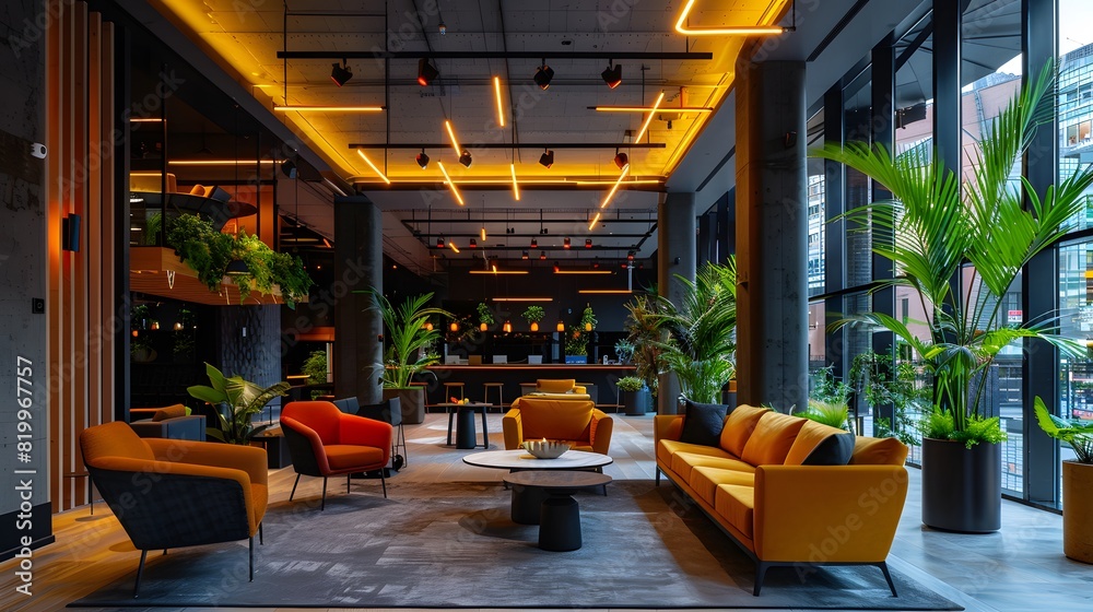 Modern hotel lobby interior with dark gray walls and light wood accents ...