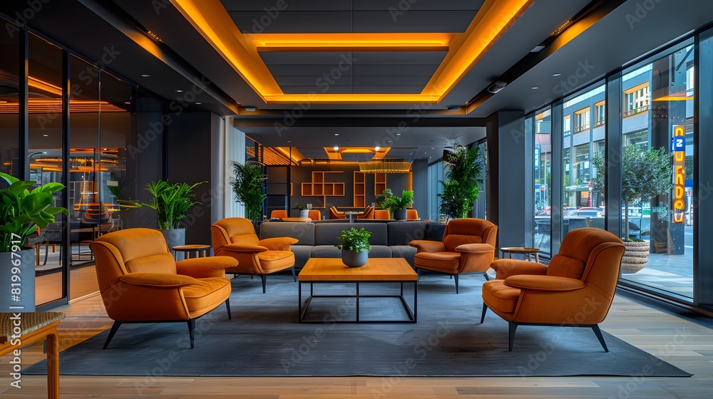 Modern hotel lobby interior with dark gray walls and light wood accents ...