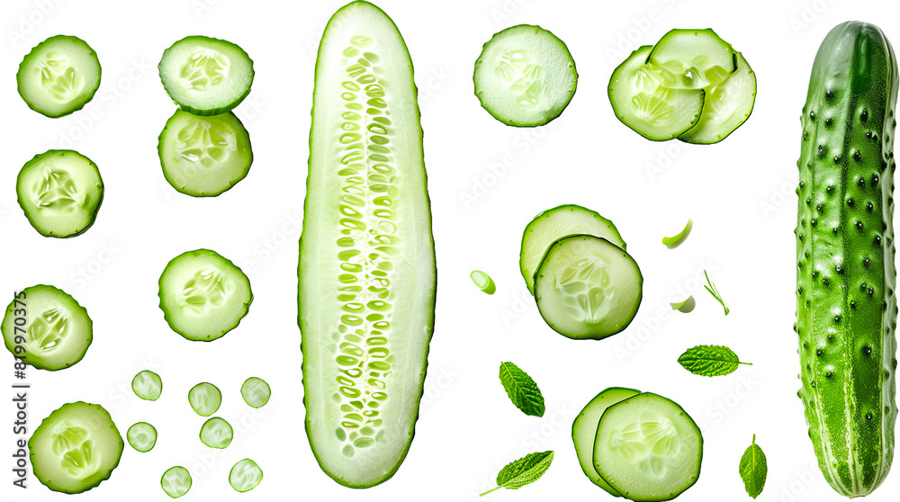 CUCUMBER SET TEMPLATE, Food, Slice, Green, Fresh, Cut, Half, Isolated ...
