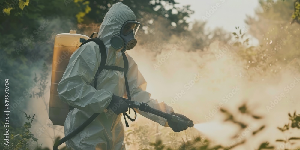 Person in hazmat suit disinfecting street with sprayer. Surface ...