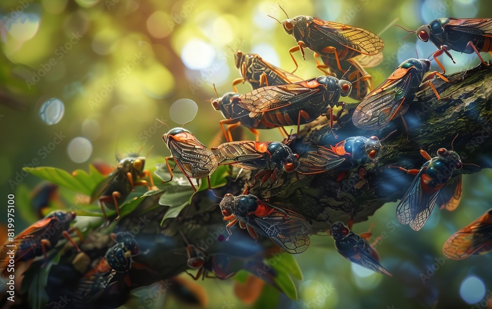 Cicadas on a branch in the forest. They are in various stages of ...