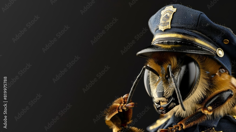 A bee in a police uniform, standing in a salute pose against a solid ...