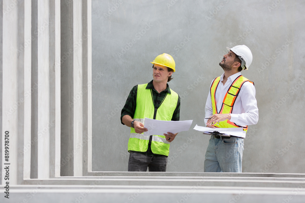 Team of male engineer construction working and inspecting structure of ...
