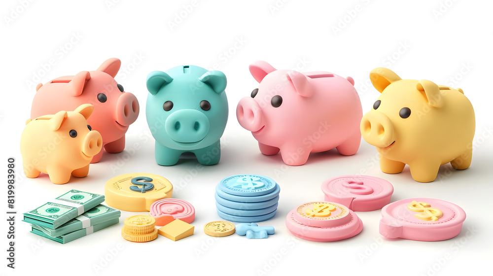 set of icons money, banknotes and piggy banks, cute style, 3d icon clay ...