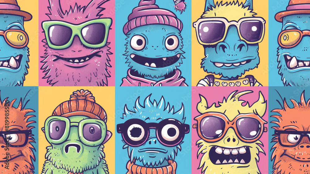 Seamless pattern featuring an array of quirky, colorful monsters ideal ...