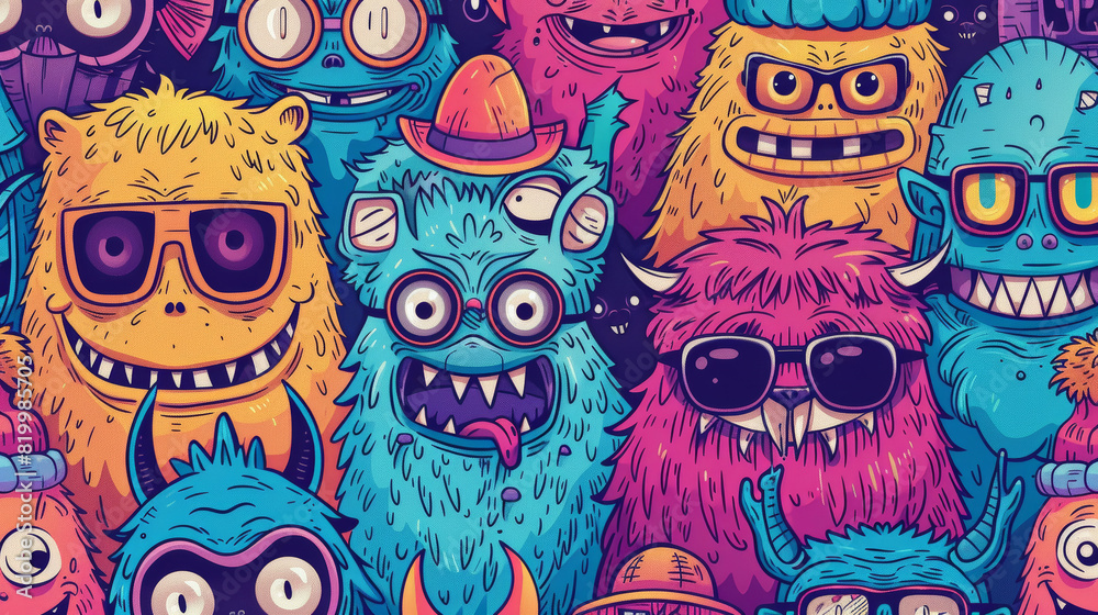 Seamless pattern featuring an array of quirky, colorful monsters ideal ...