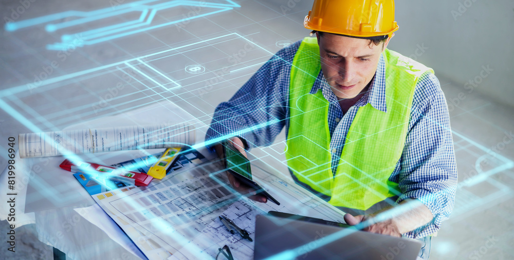 Architect worker designing digital blueprint computer technology ...