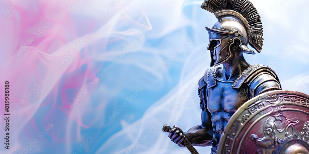 Ancient Roman warrior bronze statuette with Sparta helmet and shield on ...