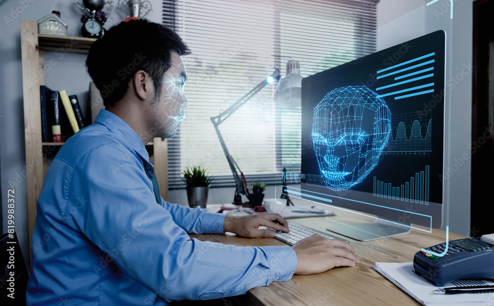 Businessman using computer scanning face ID to unlock security access ...