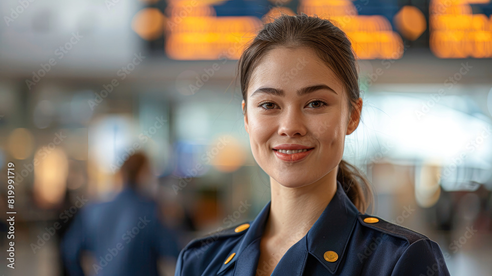an airline cabin crew member in a navy blue uniform with a welcoming ...