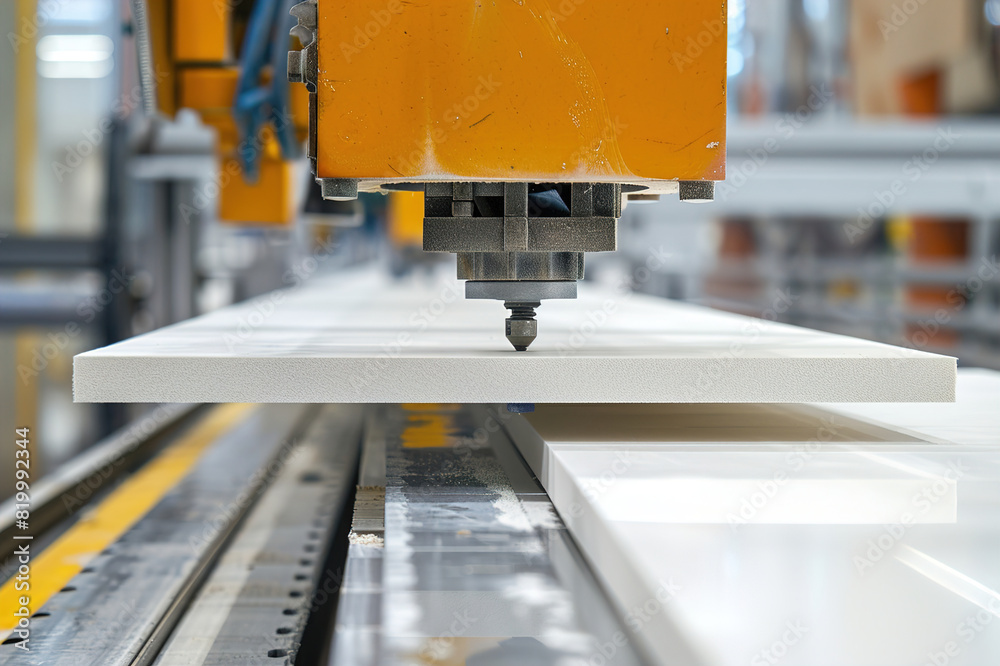 Industrial machinery cuts and shapes drywall sheets in manufacturing ...
