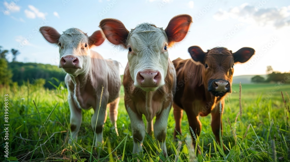 Three adorable calves stand in a green pasture under a vibrant blue sky ...