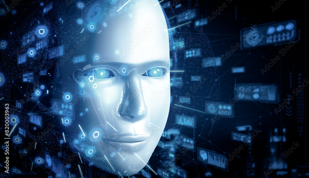 MLB 3d illustration Robot humanoid face close up with graphic concept of big data analytic by AI ...