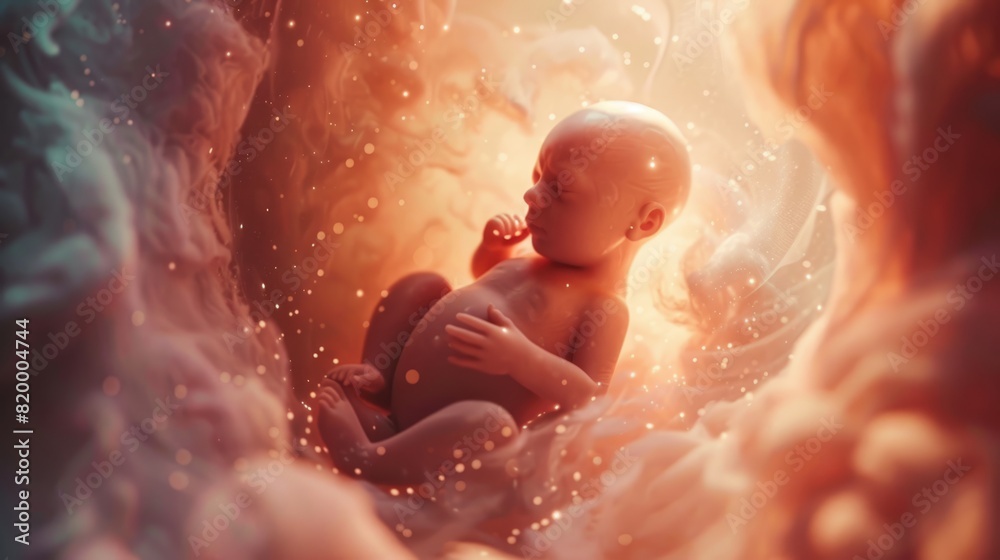 Little human baby inside mother womb. Small embryo in uterus. Cute ...
