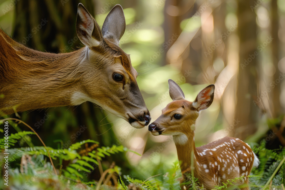 Mum deer and fawn in the forest, the mother deer's head is down with ...