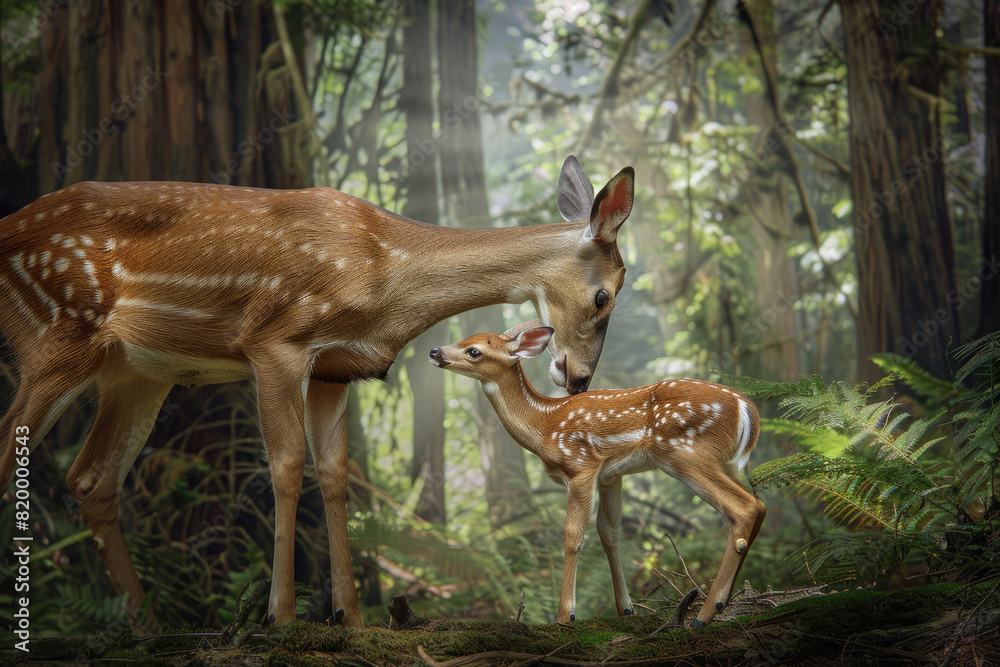 Mum deer and fawn in the forest, the mother deer's head is down with ...