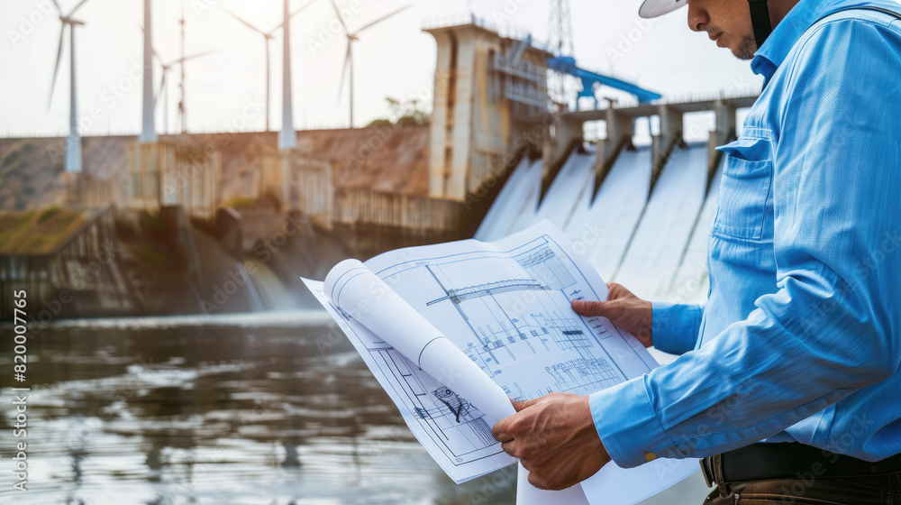 engineer holding blueprints, with a hydroelectric dam and wind turbines ...