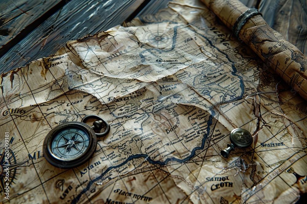 Vintage parchment treasure map showcasing a faded compass rose ...