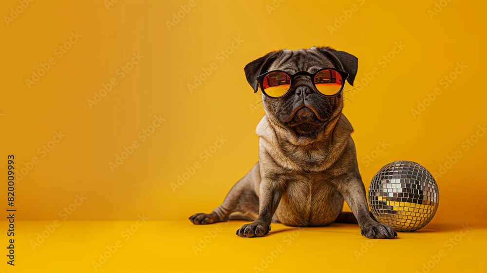 Funny and creative portrait of a pug dog posing in front of a solid ...