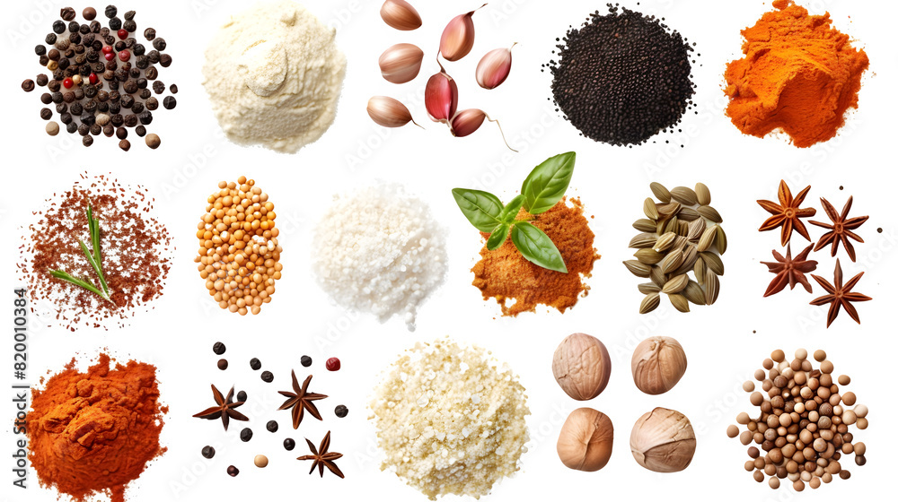 Different spice and seasoning placed in a flat layout isolated on a ...