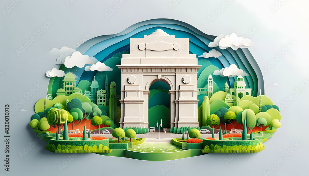 India Gate, Delhi India in papercraft-themed illustration diorama Stock ...