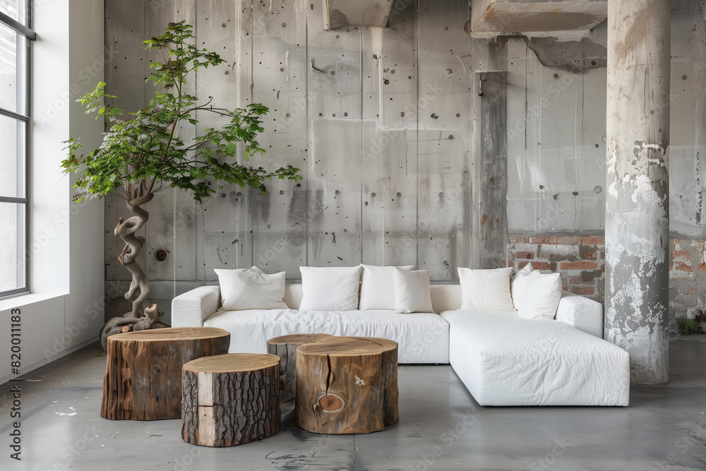 Tree stump coffee tables and white corner sofa in room with concrete ...