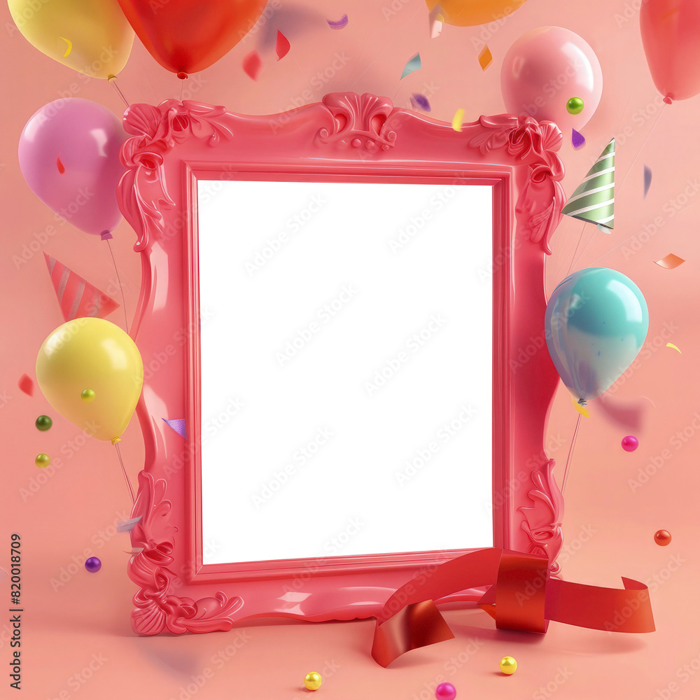 Birthday frame with balloons on a pink background, red ribbon wrapped ...
