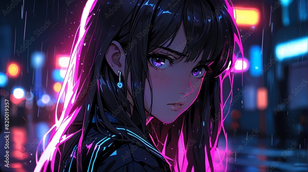 close of sad anime girl, in neon punk cyber punk city, glowing rim ...