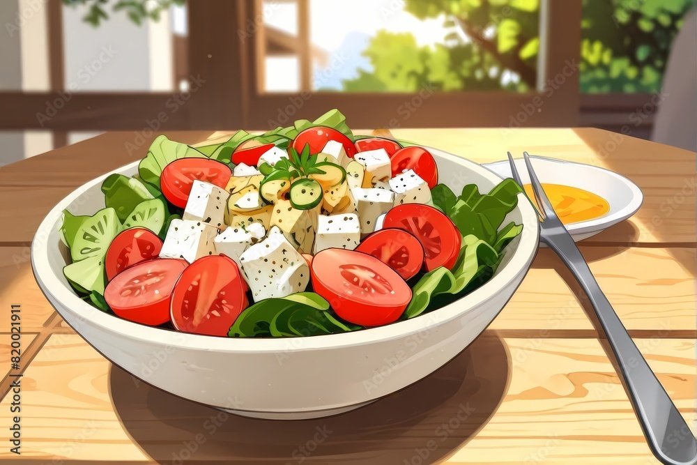ภาพประกอบสต็อก Horiatiki Salata Greek Salad on table, sunlight, window ...