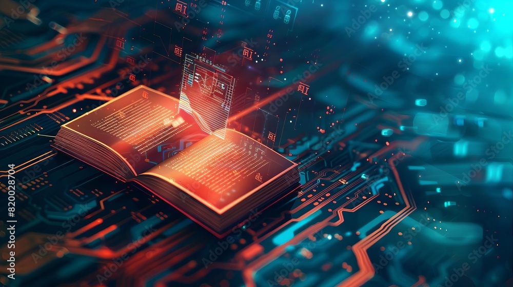 Illustration of a book icon with life text on an electronic mainboard ...