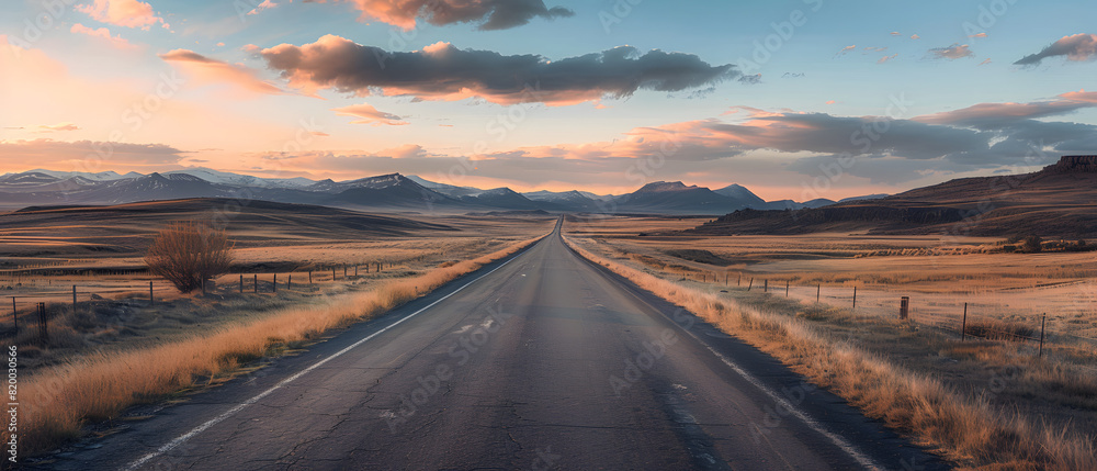 The open road stretches into infinity through a rugged, semi-arid ...