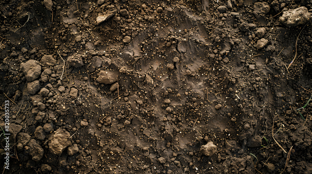 High-resolution photograph capturing the detailed surface of loamy soil ...