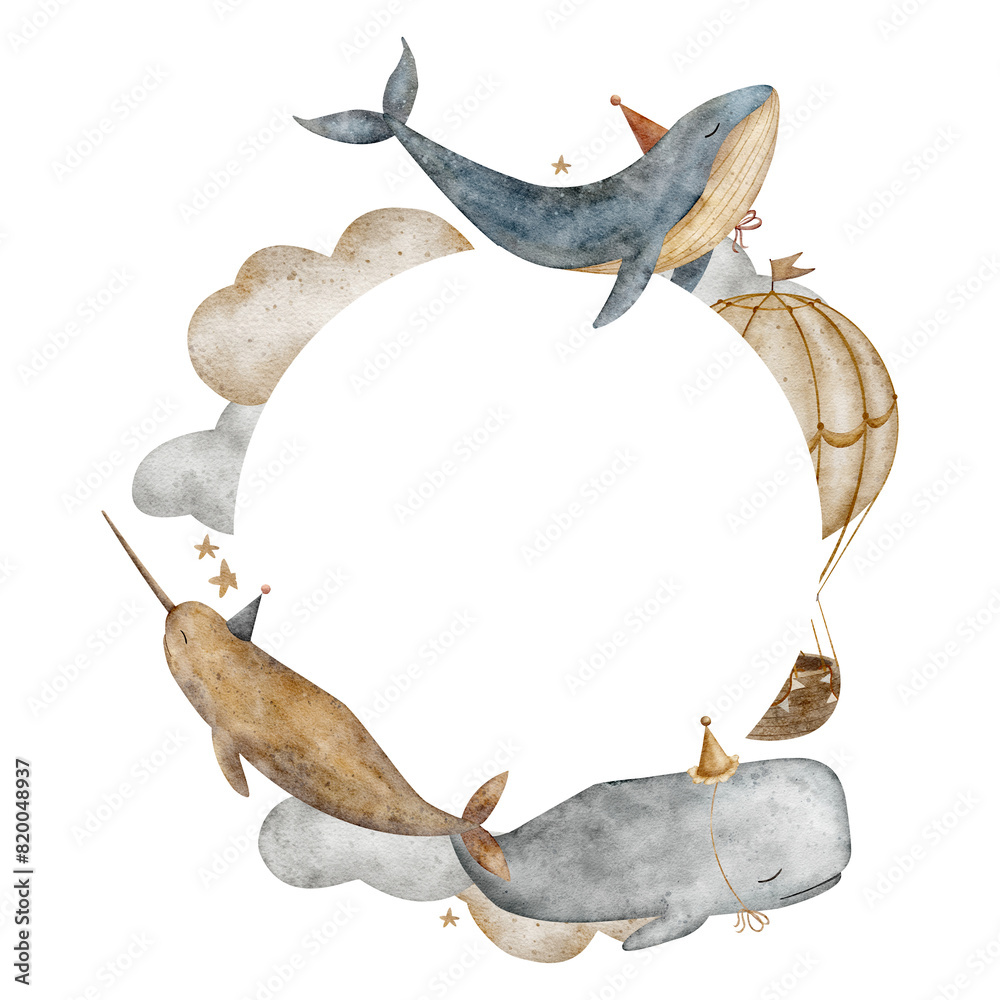 Frame vintage whales, narwhal, sperm whale flying in sky with air ...