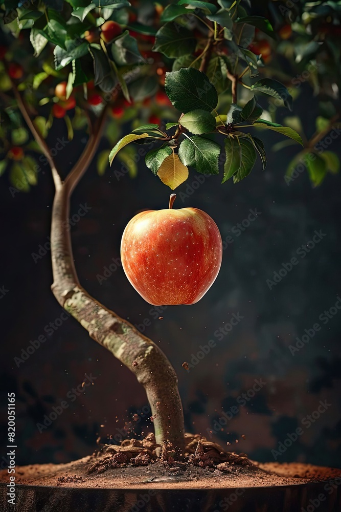 an apple falling from a tree, nature theme, front view, showcasing the ...