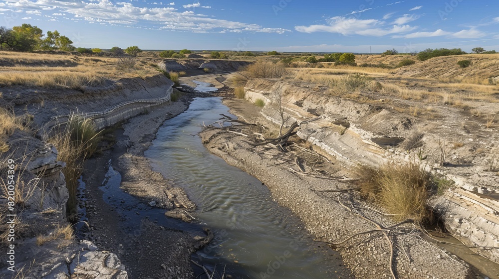 Dry river in severe drought, exposed riverbed, struggling vegetation ...