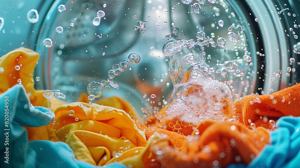 Washing colorful bright clothes in a washing machine. View from inside ...