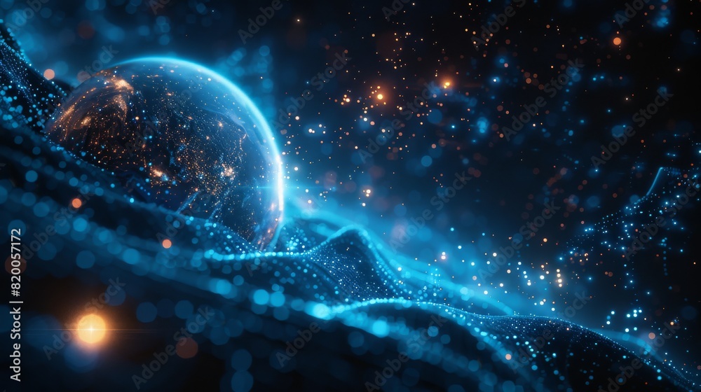 Chrome-like globe texture, Wavy digital lines, Sparkling particle ...