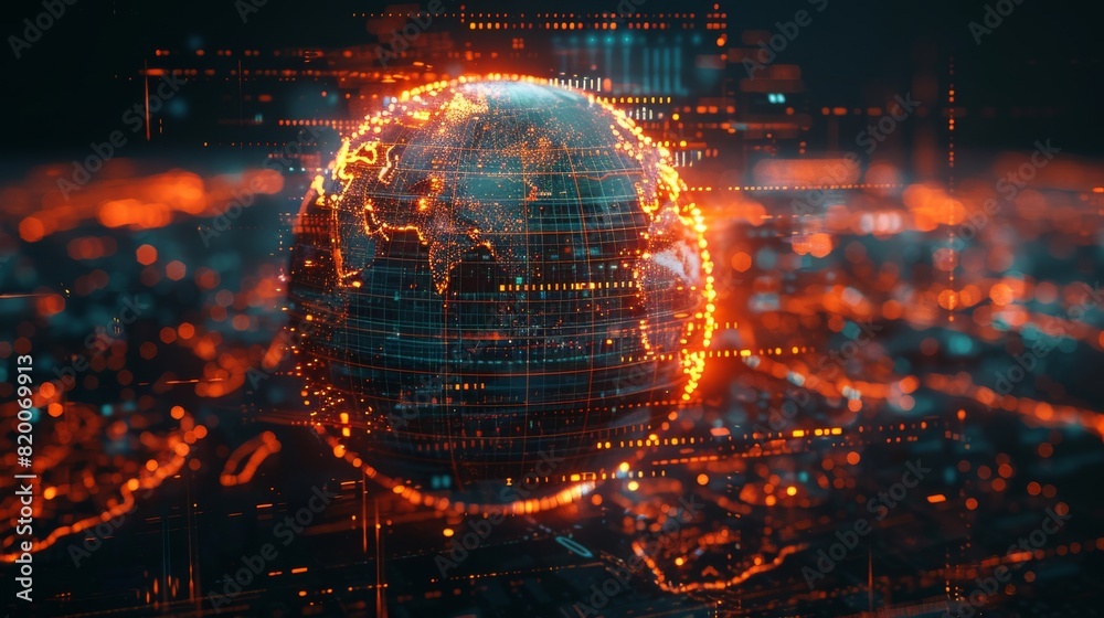 Digital world globe with dynamic satellite feeds, Digital glitches ...