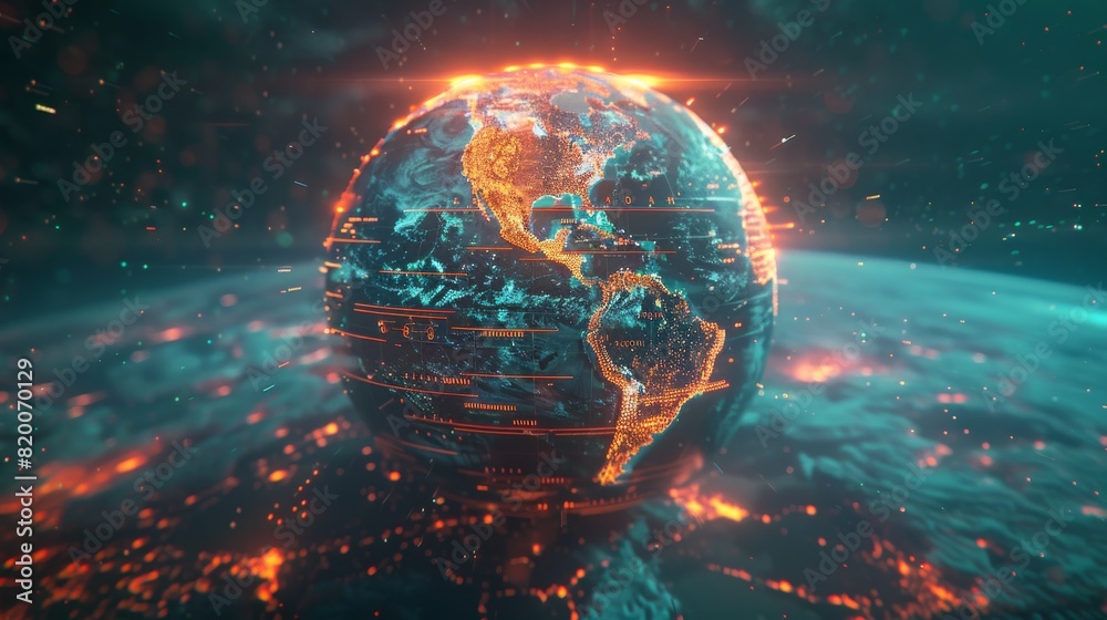 Digital world globe with dynamic satellite feeds, Digital glitches ...