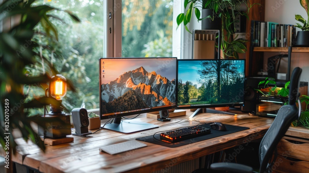 A serene home office setup with a powerful workstation and dual ...