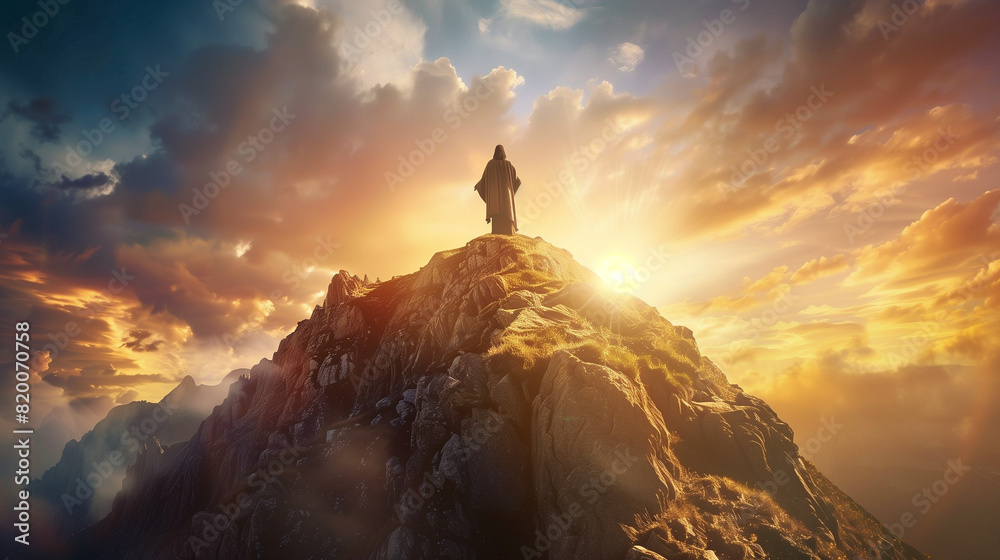 Jesus on the top of the mountain, worship of god concept, back view ...