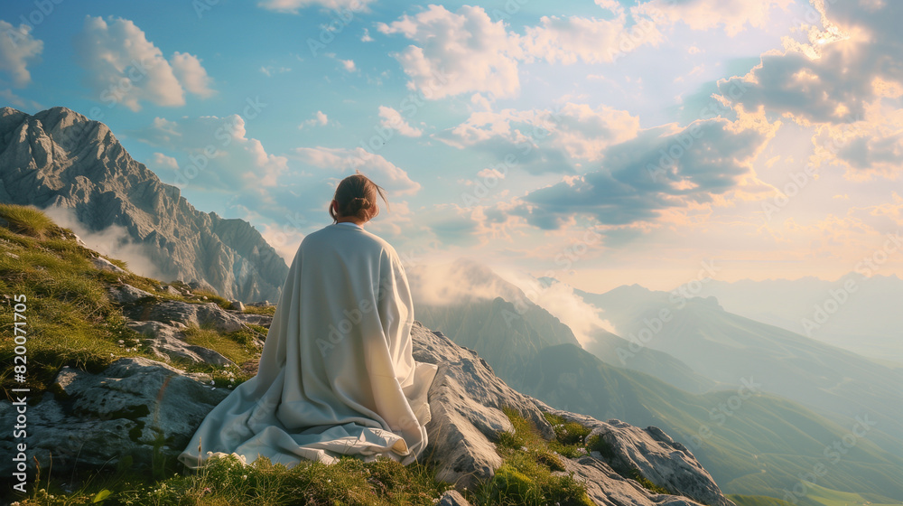 Foto de Jesus on the top of the mountain, worship of god concept, back ...