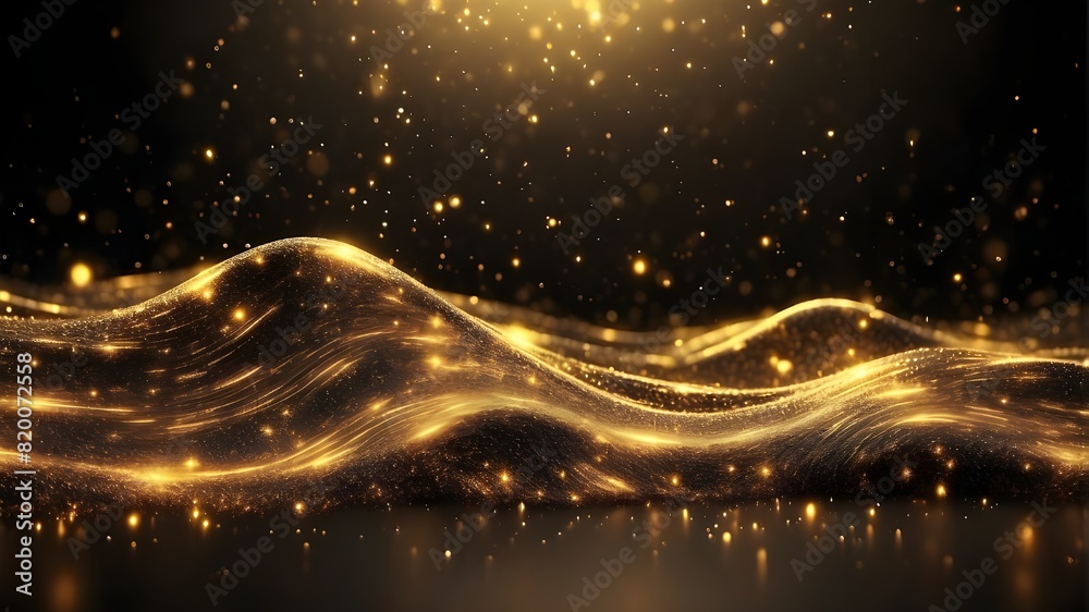 Digital Gold Particles Wave and light abstract background with shining ...