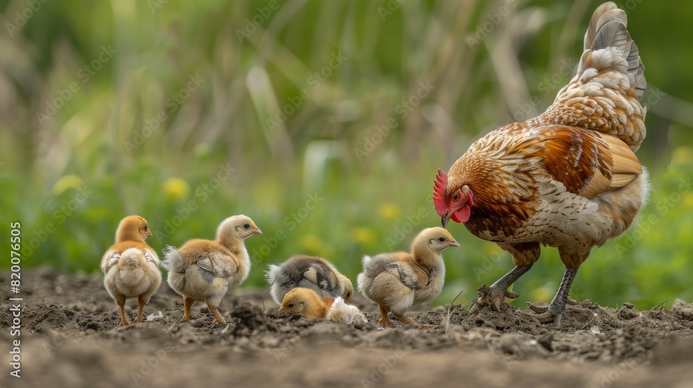 A family of chickens, with a mother hen and her fluffy chicks ...