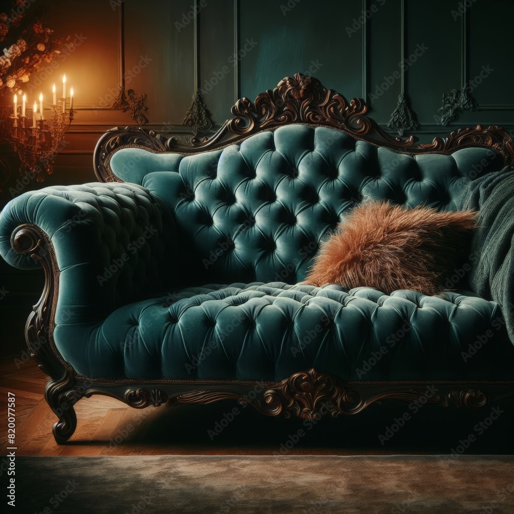 luxurious, tufted velvet sofa with deep button details, rich and plush ...