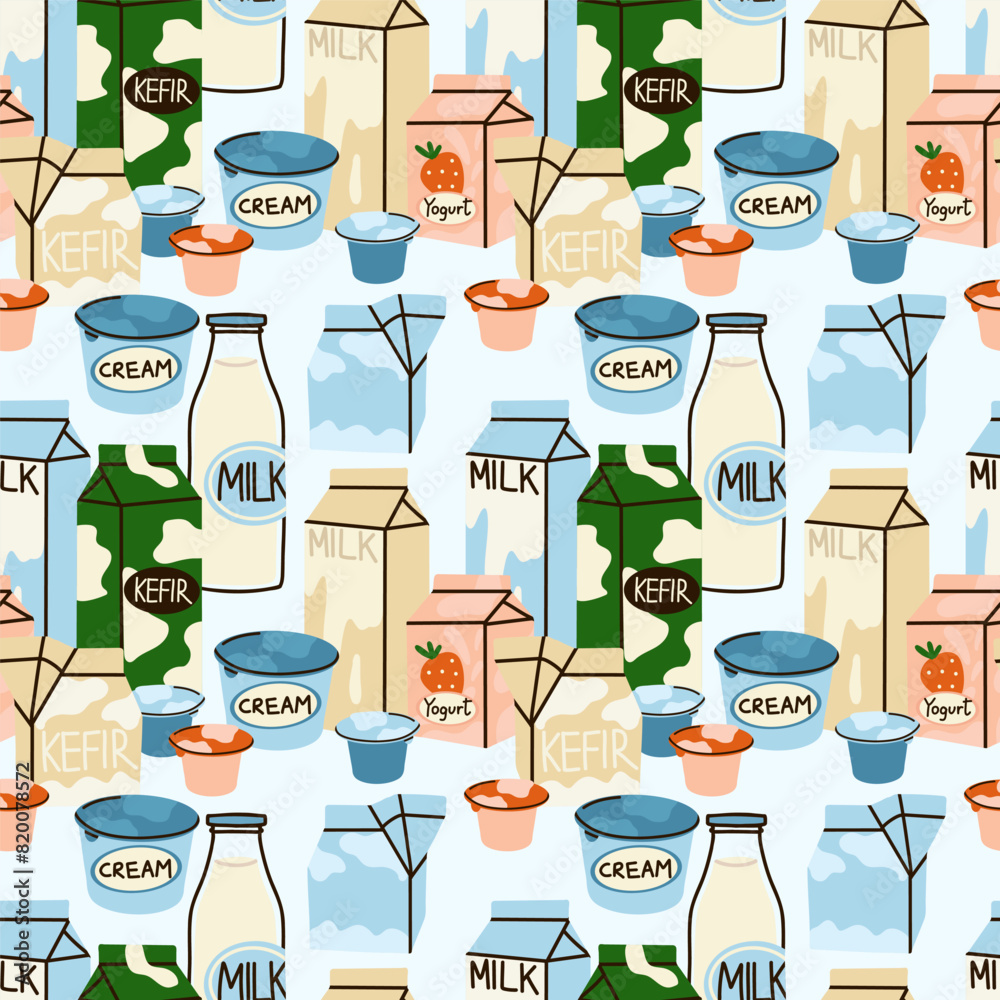 Dairy products seamless pattern. Milk, kefir and yogurt. Cheese, butter ...